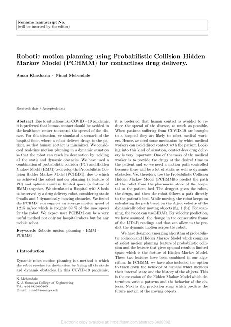 PDF Robotic Motion Planning Using Probabilistic Collision Hidden