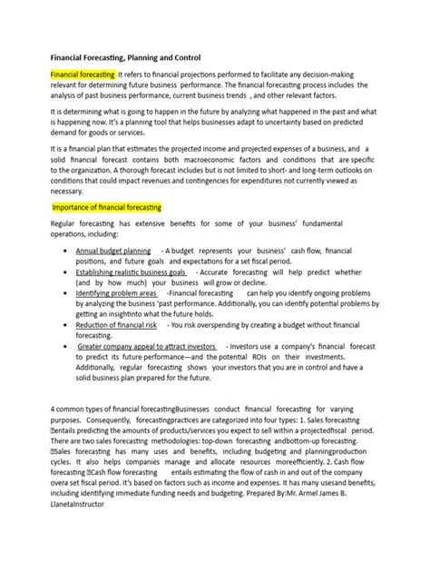 Financial Forcasting Report Pdf Forecasting Budget