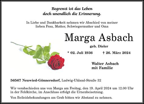 Traueranzeigen Von Marga Asbach Rz Trauer De