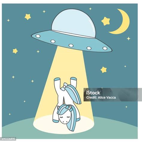 유니콘 Ufo 귀여운 만화 벡터 일러스트 레이 션에 의해 납치 개념과 주제에 대한 스톡 벡터 아트 및 기타 이미지 개념과