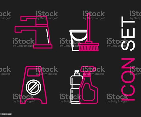 액체 식기 세척액 젖은 바닥 및 청소 진행 걸레 양동이 및 물 탭 아이콘을 위한 라인 플라스틱 병을 설정합니다 벡터 가사 집안일에 대한 스톡 벡터 아트 및 기타 이미지