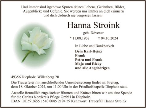 Traueranzeigen Von Hanna Stroink Trauerkreiszeitungde