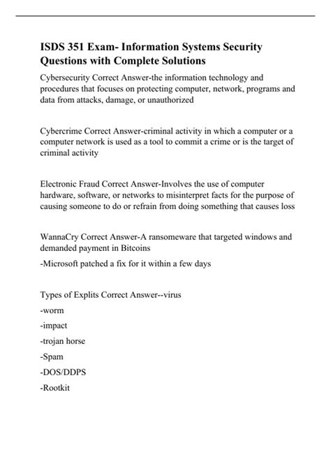 ISDS 351 Exam Information Systems Security Questions With Complete