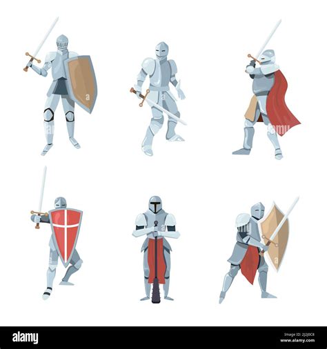 Chivalry Cartoon Vector Illustration Set Knights Or Medieval Fighters