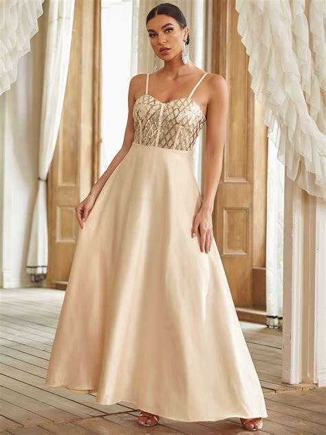 Contrast Sequin Geometric Pattern Evening Gown Formal Dresses