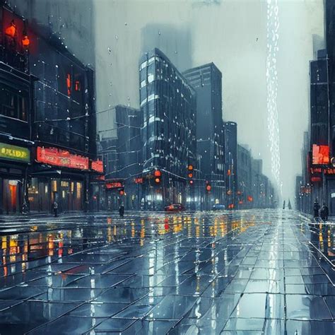 Aclyric Painting Rain In The Street With Tall Buidings Openart