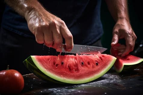 Juicy Delights Expert Watermelon Slicing In Action Premium Ai