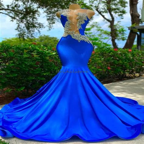 Royal Blue Crystal Beaded Mermaid Blue Prom Dress For Black Girls