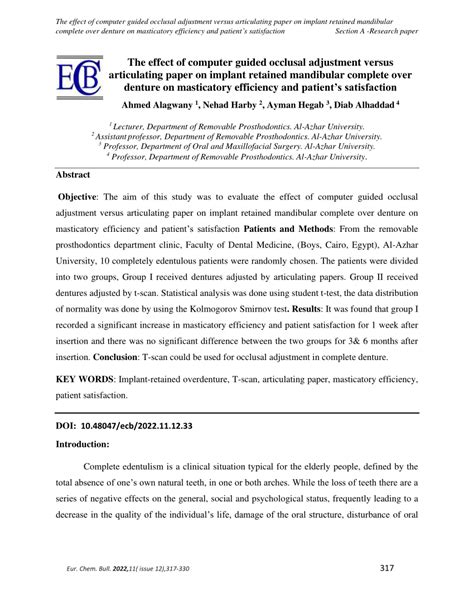 Pdf The Effect Of Computer Guided Occlusal Adjustment Versus Articulating Paper On Implant