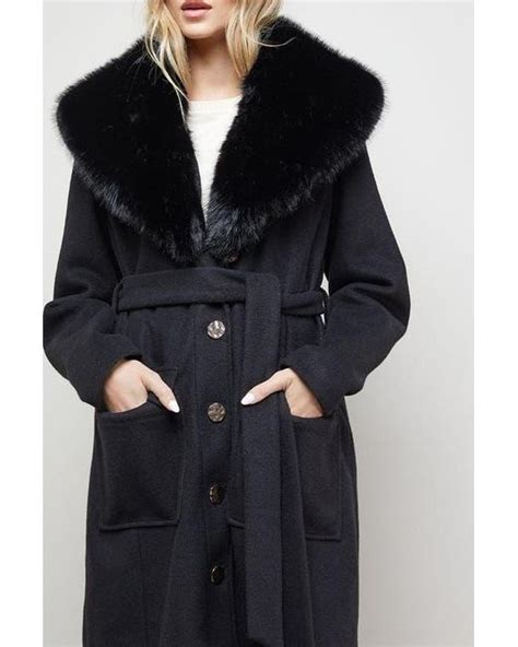 Oasis Faux Fur Collar Belted Coat In Blue Lyst