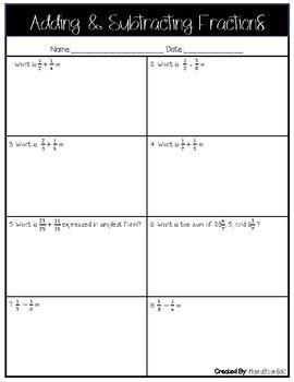 Adding Subtracting Fractions Test Review By MamaBear TpT