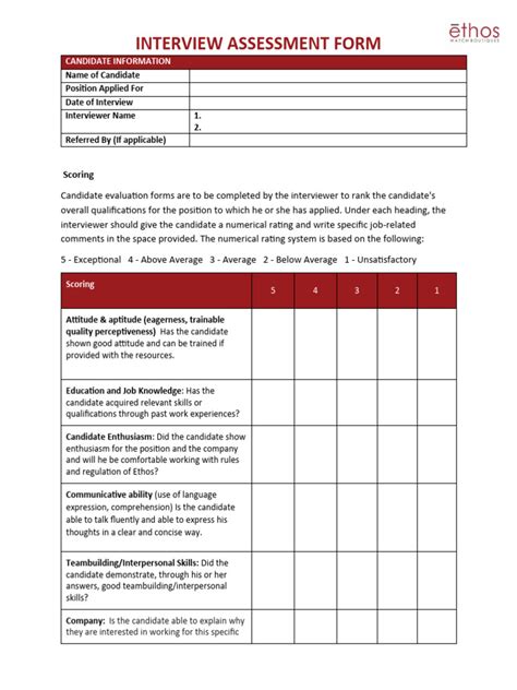 Terview Assessment Form Template Pdf Communication