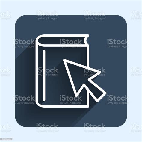 흰색 선 긴 그림자 배경으로 분리된 온라인 책 아이콘입니다 인터넷 교육 개념 E러닝 리소스 원격 온라인 과정 파란색 사각형 버튼입니다 벡터 0명에 대한 스톡 벡터 아트 및