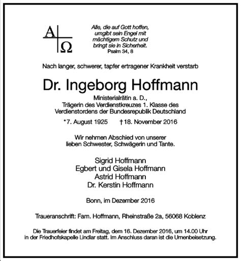Traueranzeigen Von Dr Ingeborg Hoffmann Frankfurter Allgemeine