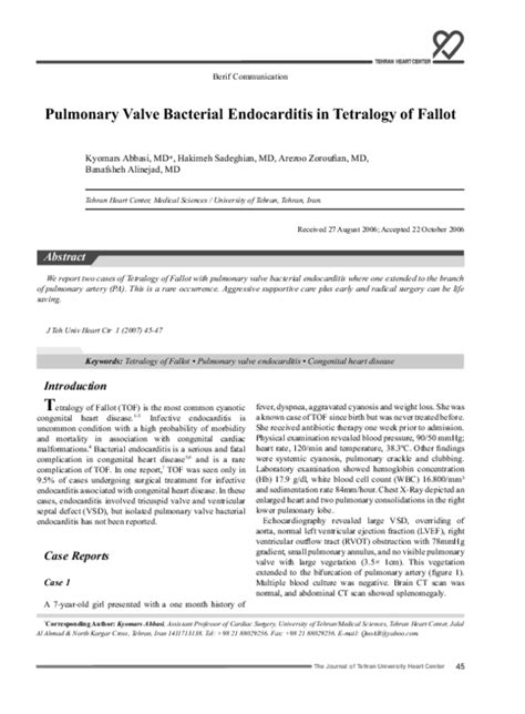 Pdf Pulmonary Valve Bacterial Endocarditis In Tetralogy Of Fallot Kyomars Abbasi