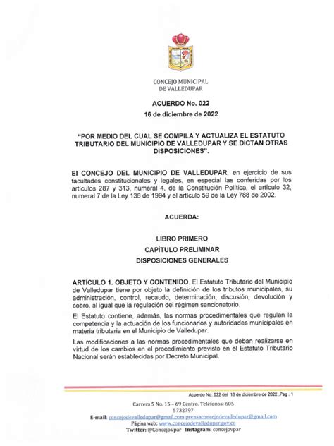 Acuerdo N°022 Del 16 De Diciembre De 2022 Pdf Impuestos Propiedad