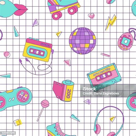 빈티지 이음매없는 패턴 80 년대 90 년대 디스코 볼 롤러 스케이트 카세트 테이프 80 년대 스타일의 기하학적 모양 체크 무늬 배경에 벡터 복고풍 배경 0명에 대한 스톡