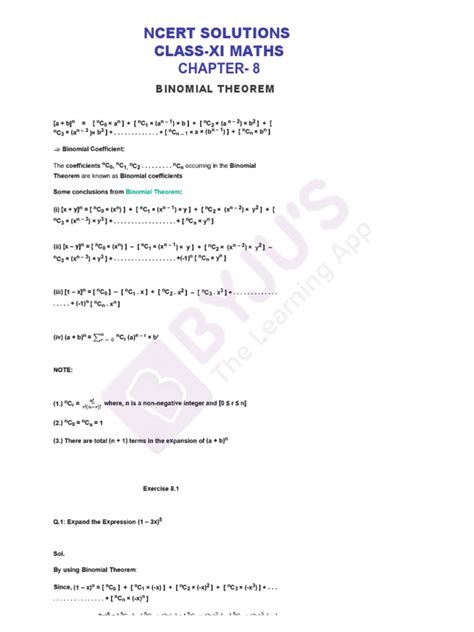 Ncert Solutions Class 11 Maths Chapter 8 Binomial Theorem Pdf