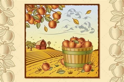 Landscape With Apple Harvest By Iatsun Apple Harvest Graphic Retro