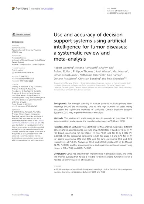 Pdf Use And Accuracy Of Decision Support Systems Using Artificial Intelligence For Tumor