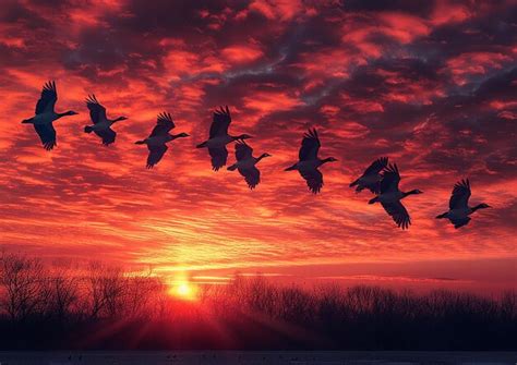 Premium Photo A Sunset With A Flock Of Birds Flying In The Sky