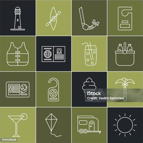 세트 라인 태양 열대 야자수 쿨러 백과 물 스노클 여권 구명 조끼 등대 및 칵테일 알코올 음료 아이콘 벡터 가방에 대한 스톡 벡터 아트 및 기타 이미지 Istock