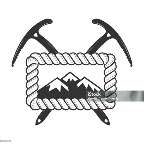 등반 및 알파인 클럽 배지 로고 인쇄 또는 스탬프에 대 한 개념입니다 등반과 등산을 위한 교차 얼음 도끼 산악 장비 야외 모험 엠 블 럼 벡터 일러스트입니다 0명에 대한