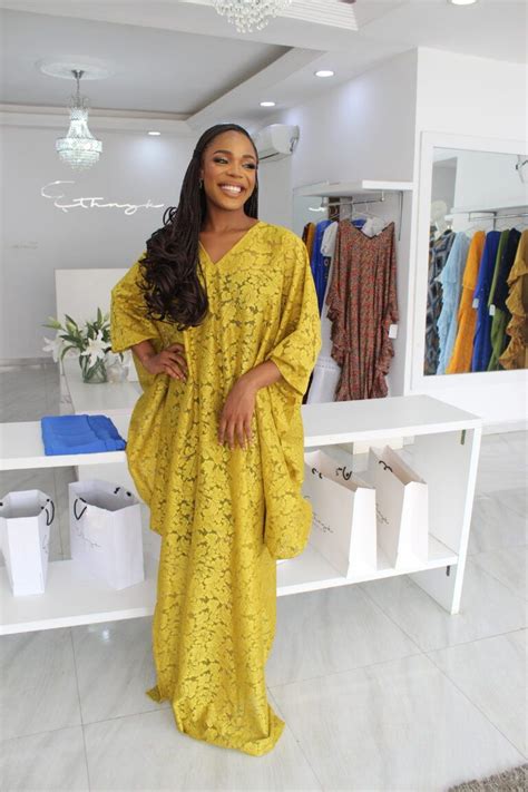 Yellow Nigerian Lace Bubu With Matching Scarf Cord Lace Kaftan