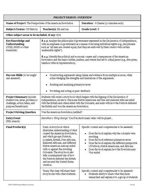 Pbl Lesson Plan Template Ian Eli Pdf Project Based Learning Cognition
