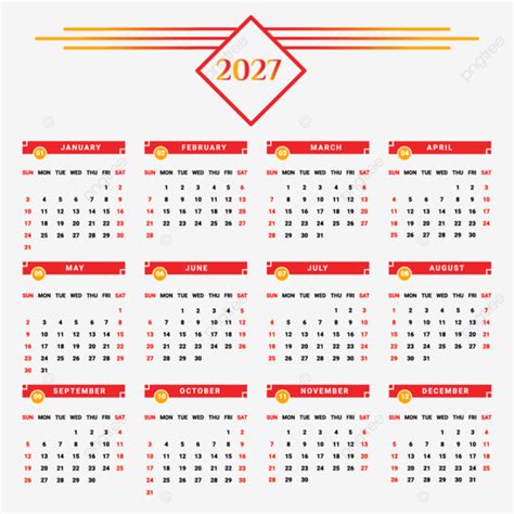 تقويم سنوي 2027 ذو شكل هندسي أصفر وأحمر المتجه تقويم تقويم عام 2027