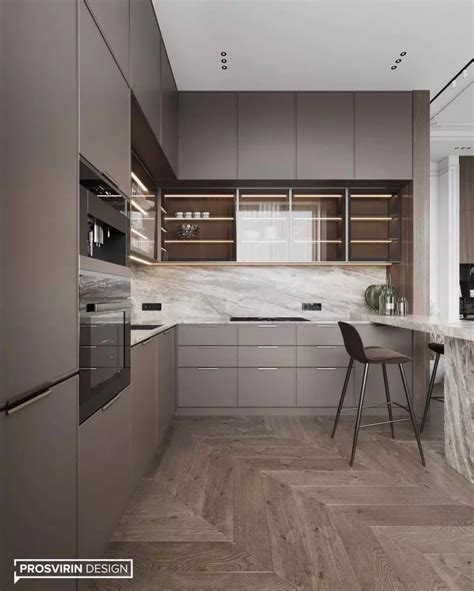 Дизайн серой кухни со стеклянными фасадами ⋆ Planeta Design