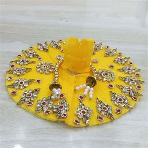Stone Work Yellow Satin Silk Krishna Ji Poshak Laddu Gopal Statue