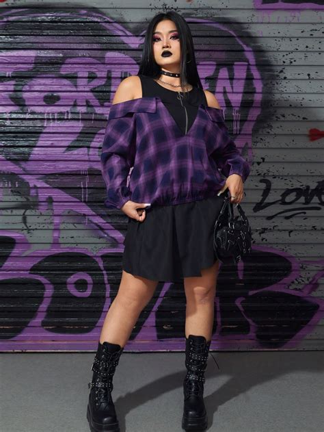 Romwe Grunge Punk Plus Size Womens Purple Plaid Off Shoulder 2 In 1