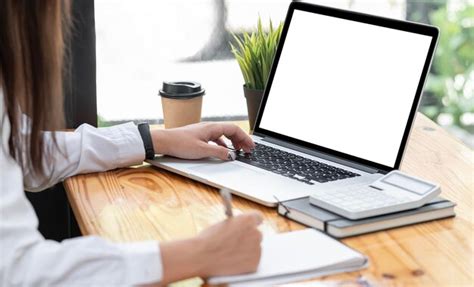 Premium Photo Young Woman Using Laptop Computer Mockup Blank Screen