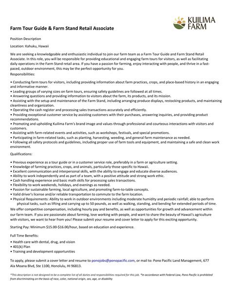 Pono Pacific Farm Tour Guide And Farm Stand Retail Associate Position