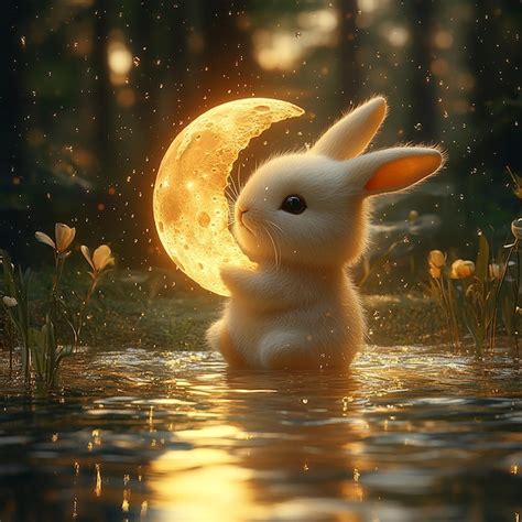 Golden Inflatable Moon Floating On Water With A Cute Cartoon Moon Rabbit Realistic Style