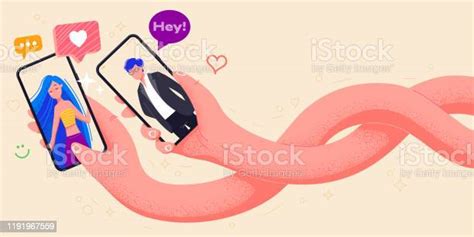 커플 에 사랑 들고 전화 에 핸드 벡터 일러스트 화면에 남자와 여자와 데이트 응용 프로그램 화상 통화 응용 프로그램 최소한의 디자인 스마트 폰으로 셀카를 확인합니다 온라인