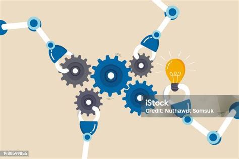 개발 프로세스 마테크 또는 마케팅 기술 산업 또는 생산 공장 개념 로봇 손이 전구 아이디어와 톱니바퀴 시스템을 구성하는 데 도움이 되는 자동화 또는 기술 인공지능에 대한