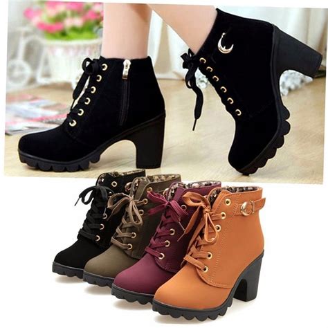 Women High Heels Lace Up Ankle Boots Ladies Zipper Buckle Platform