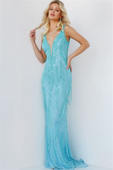 Jovani 22712 Turquoise V Neck Beaded Party Dress Jovani
