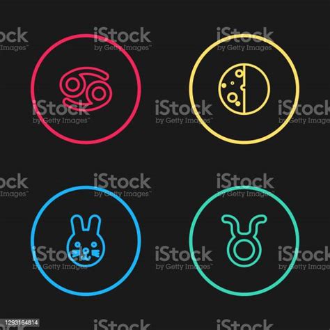 세트 라인 토끼 조디악 황소 자리 태양과 암 아이콘의 이클립스 벡터 검은색에 대한 스톡 벡터 아트 및 기타 이미지 검은색 게 귀여운 Istock