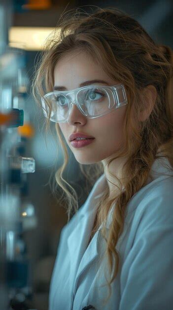 Premium Photo Woman In Lab Coat And Goggles Conducting Experiment