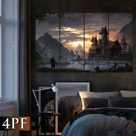 Medieval Landscape Vikings Art Drakkar Wall Decor Fantasy Print Dnd