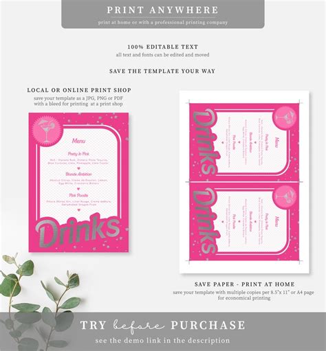 Editable Drinks Menu Sign Hens Party Cocktail Menu Birthday Etsy