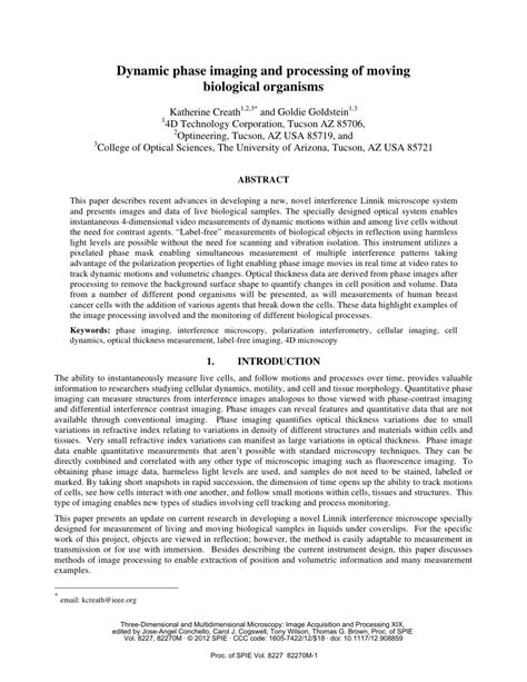 Pdf Dynamic Phase Imaging And Processing Of Moving Biological Organisms