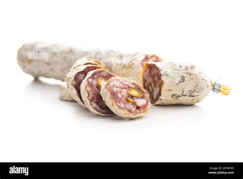 Traditional Sausage With White Mold Dried Sliced Pork Salami Isolated