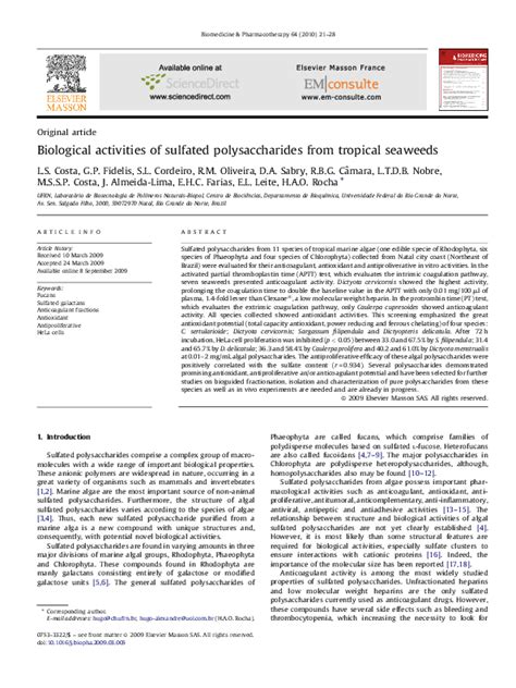 Pdf Biological Activities Of Sulfated Polysaccharides From Tropical