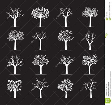 Set White Trees On Black Background Vector Illustration Stock