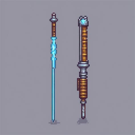 Blue And Gold Handle Swords In Pixel Art Style Premium Ai Generated Image