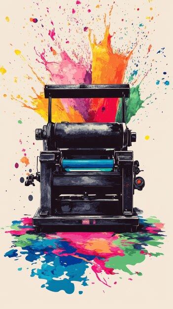 Un dibujo de una máquina de escribir con pintura colorida en la parte inferior Imagen Premium